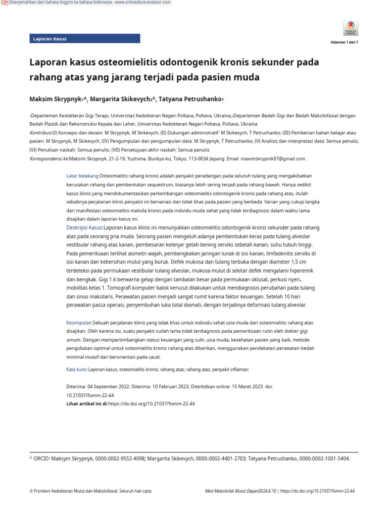 Translate - A Case Report of A Rare Course of Secondary Chronic Odontogenic Osteomyelitis of The ...