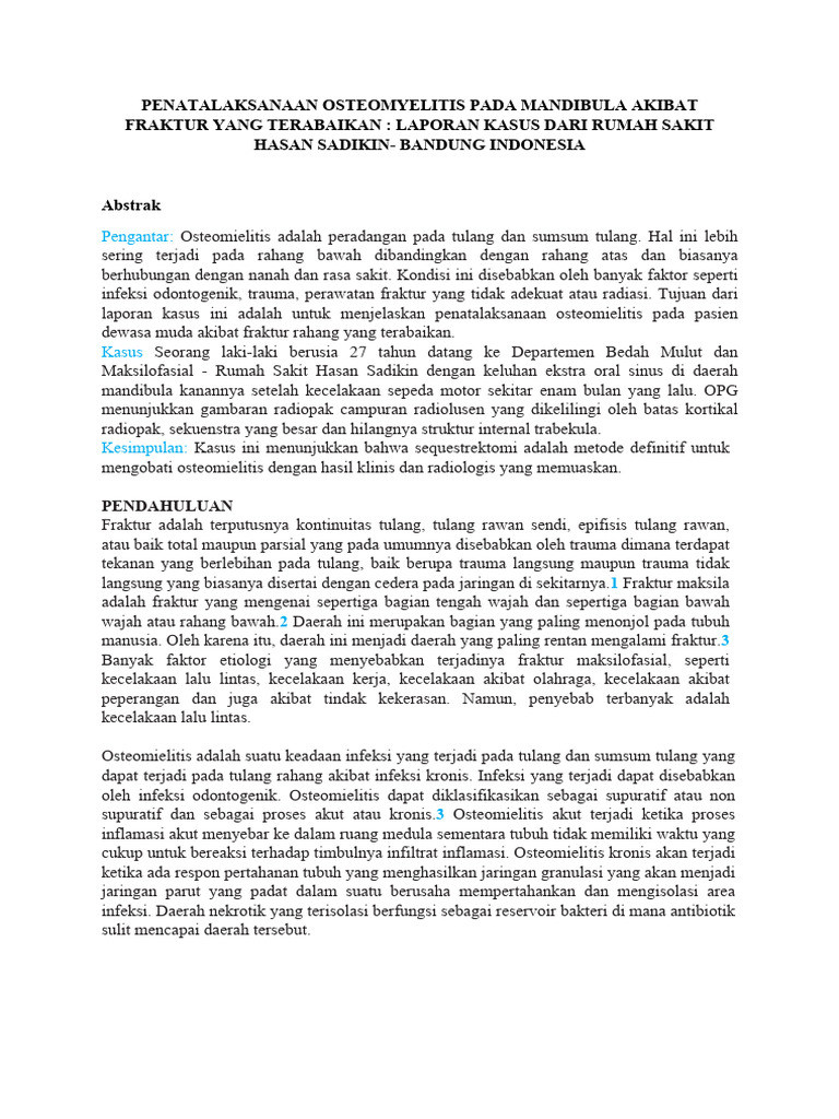 Penatalaksanaan Osteomyelitis Pada Mandibula Akibat Fraktur Yang ...