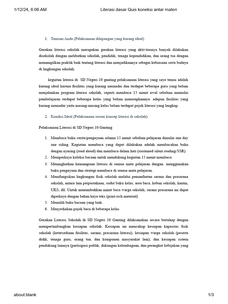 Literasi Dasar Quis Koneksi Antar Materi | PDF