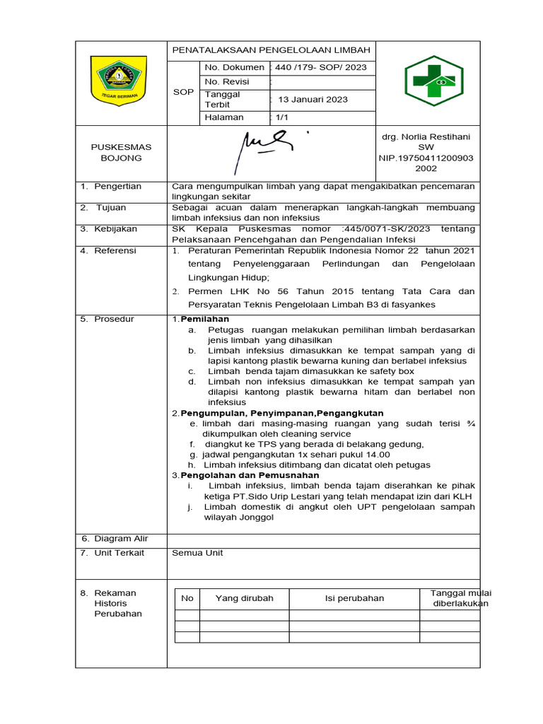 Sop Penatalaksanaan Pengelolaan Limbah | PDF