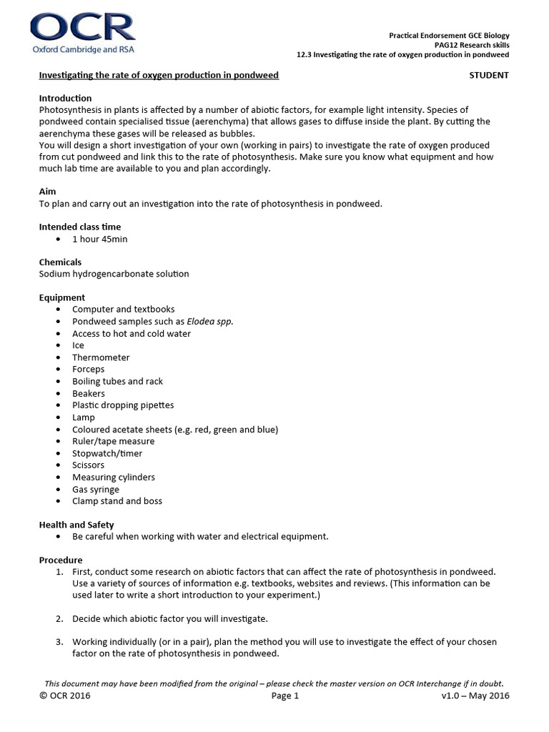 PAG12.3 Student Oxygen Rate Pondweed - v1.0 | PDF | Experiment | Oxygen