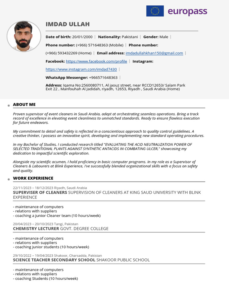 Imdad Ullah CV for Supervision | PDF | Personal Protective Equipment | Occupational Safety And ...