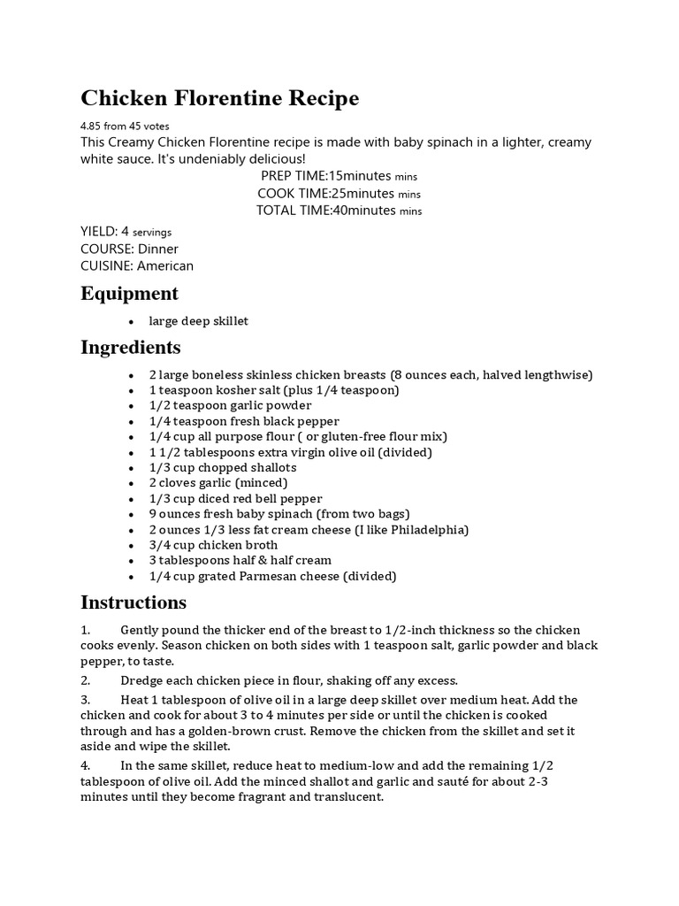 Chiken Florentine | PDF | Teaspoon | Garlic