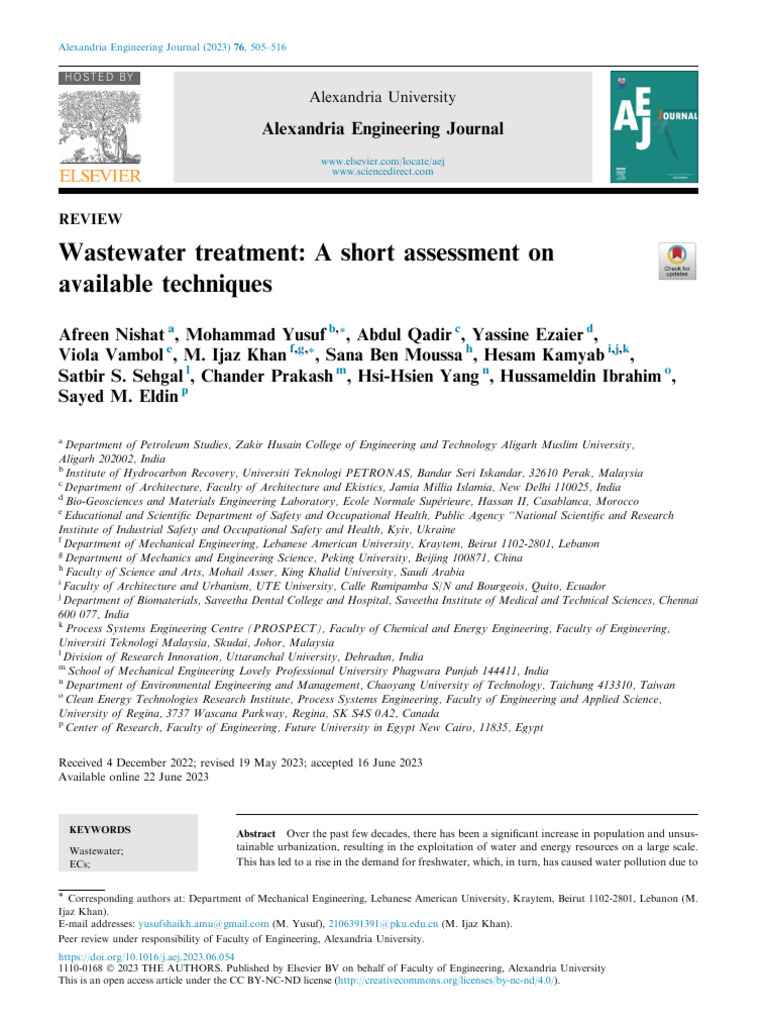 Wastewater Treatment Techniques Review | PDF | Adsorption | Membrane