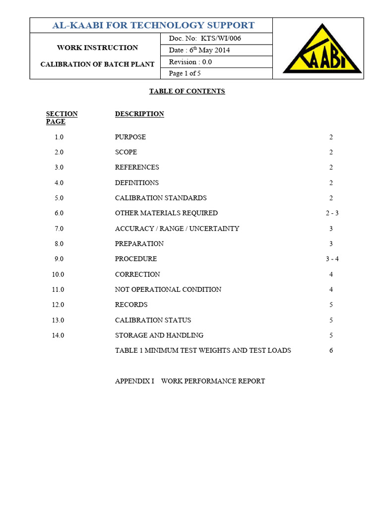 Batch Plant Calibration Work Instruction | PDF | Weighing Scale ...