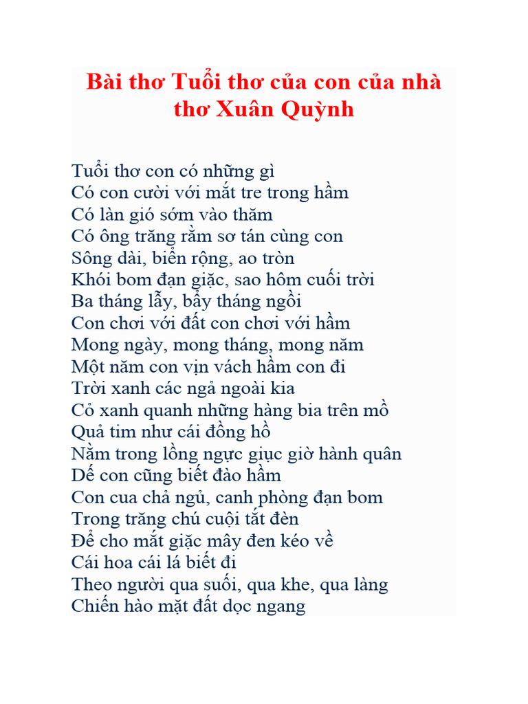 Bài Thơ Tu I Thơ C A Con C A Nhà Thơ Xuân Qu NH | PDF
