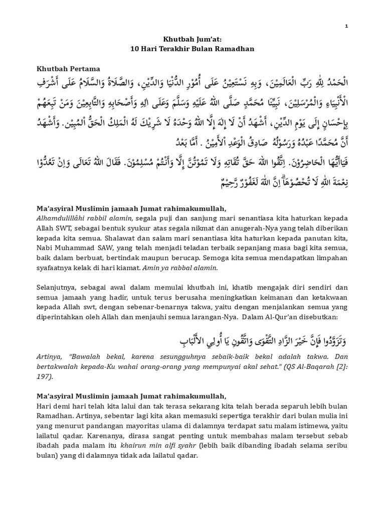 Khutbah Jumat - 10 Hari Terakhir Ramadhan | PDF