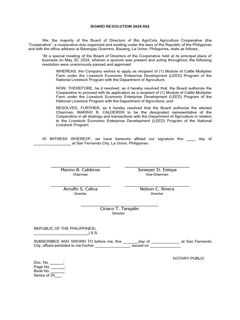 Board Resolution 2024-002 | PDF | Agriculture