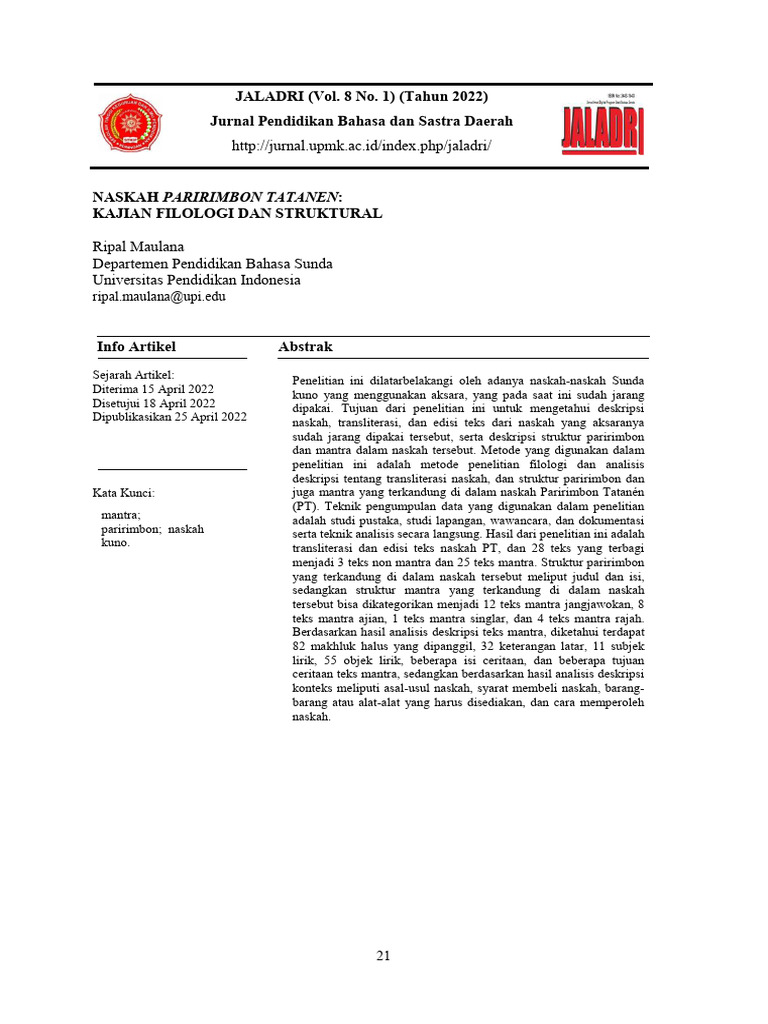 Naskah Paririmbon Tatanen Kajian Filologi Dan Struktural | PDF | Ilmu ...