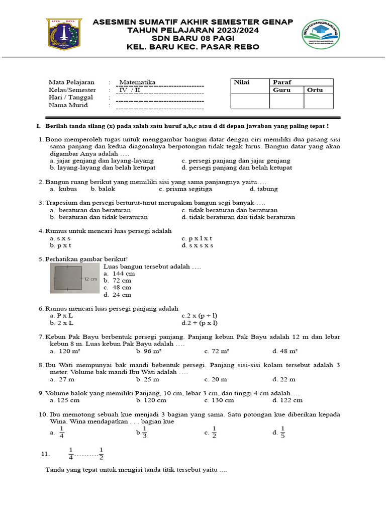 Sas Genap Matematika Kelas 4 | PDF