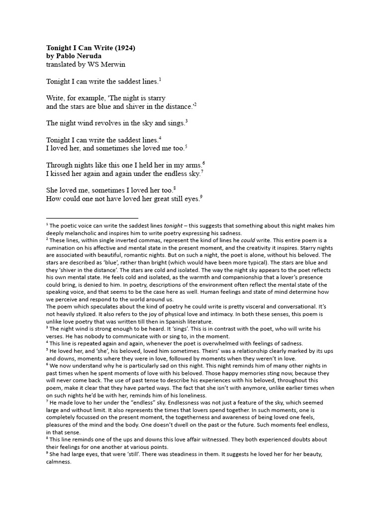 Tonight I Can Write by Pablo Neruda | PDF | Love | Poetry