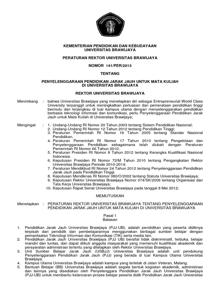 N1154Vrv0LPER REKTOR UB No 141 PER 2013 Tentang Pendidikan Jarak Jauh ...