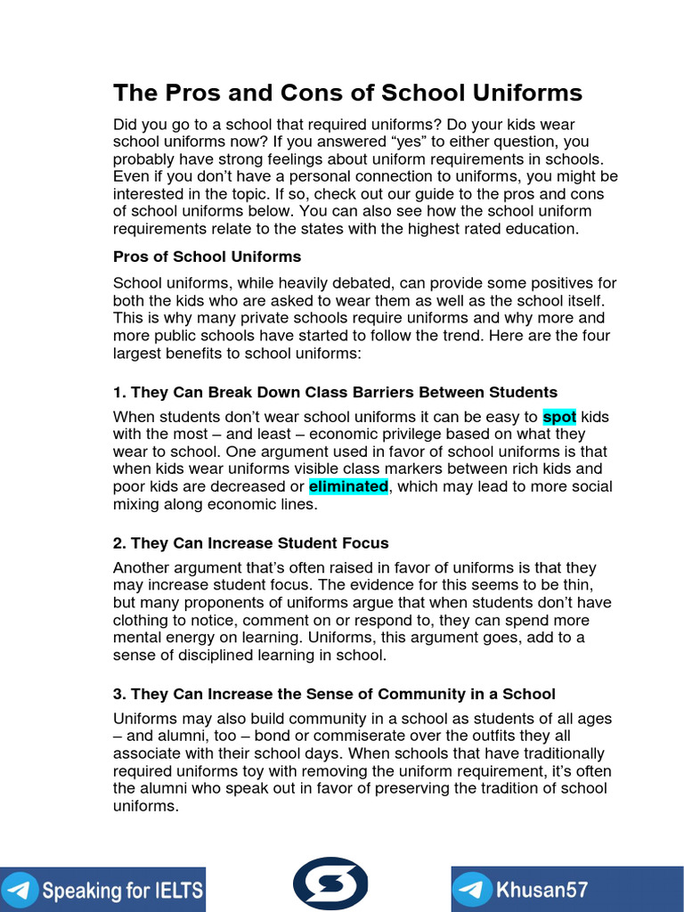 The Pros and Cons of School Uniforms | PDF | Clothing