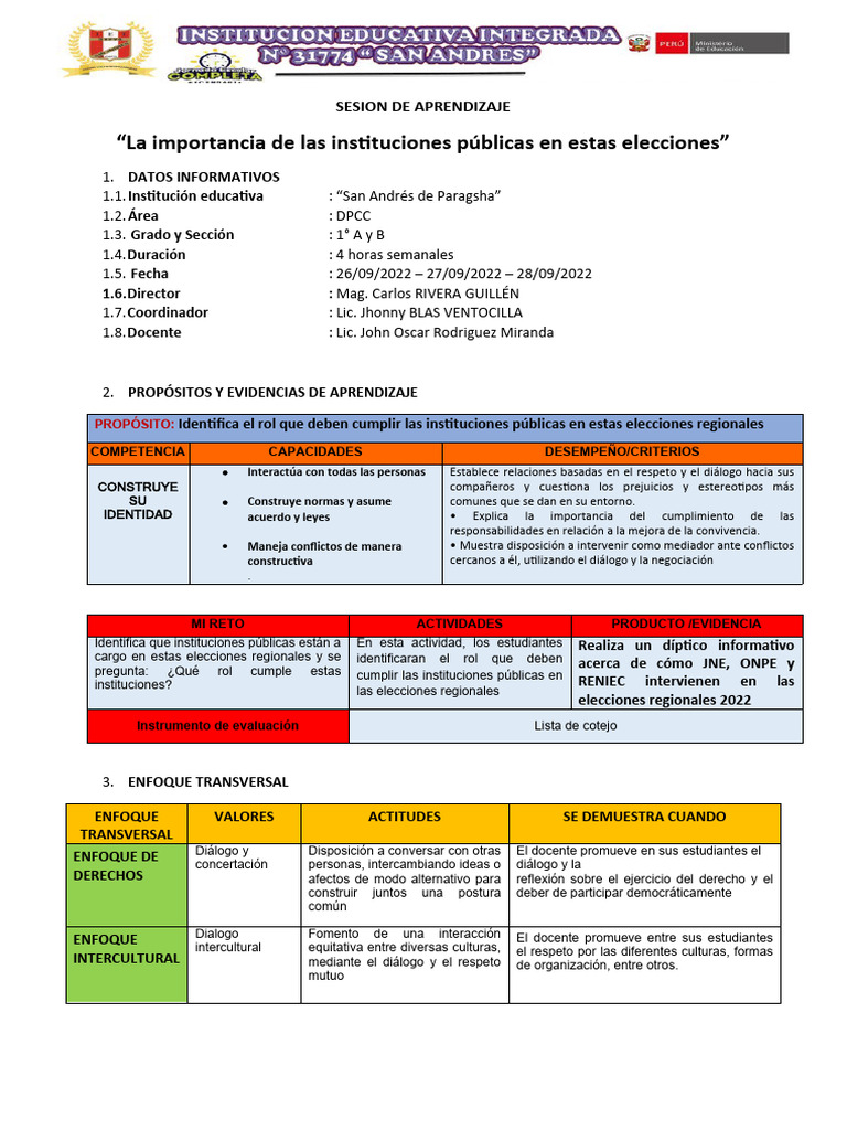 Sesion de Aprendizaje I DPCC 1° Grado | PDF | Aprendizaje