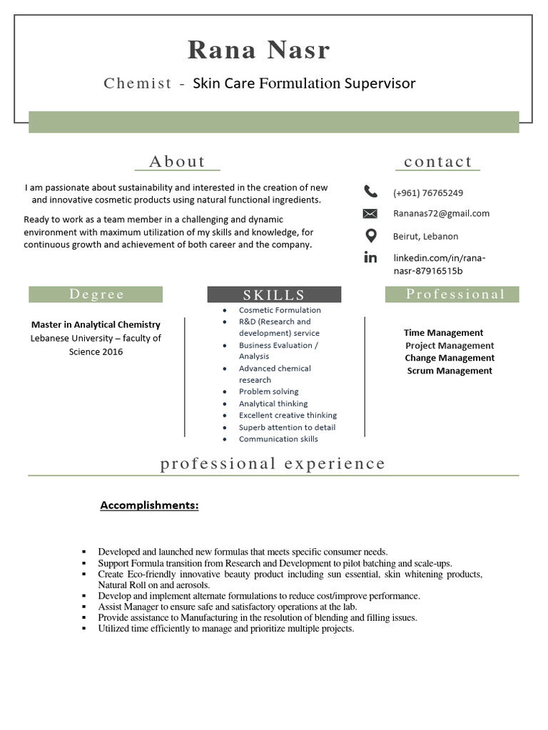 Rana Nasr - CV - Skin Care Formulation Supervisor 2 | PDF | Cosmetics ...