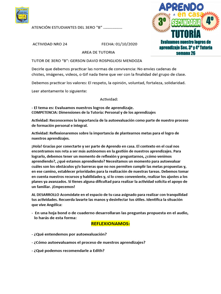 Seción Tutoria 24 3B 01 de Octubre | PDF | Aprendizaje | Cognición