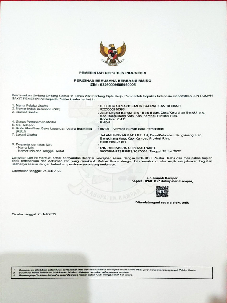 Izin Operasional RS 2022 OSS | PDF
