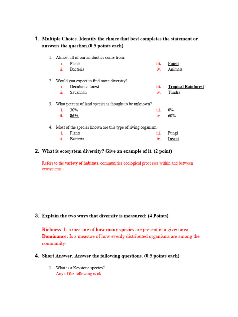 Ch 10 questions | PDF | Biodiversity | Ecosystem