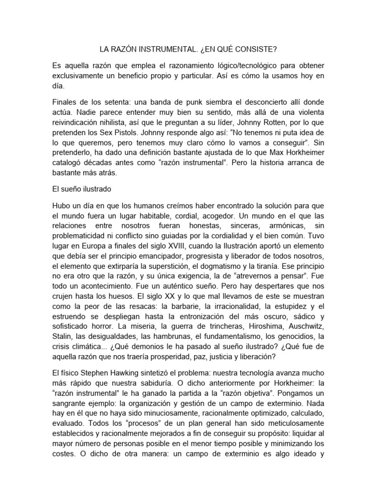 La Razón Instrumental | PDF | Razón | La teoría crítica