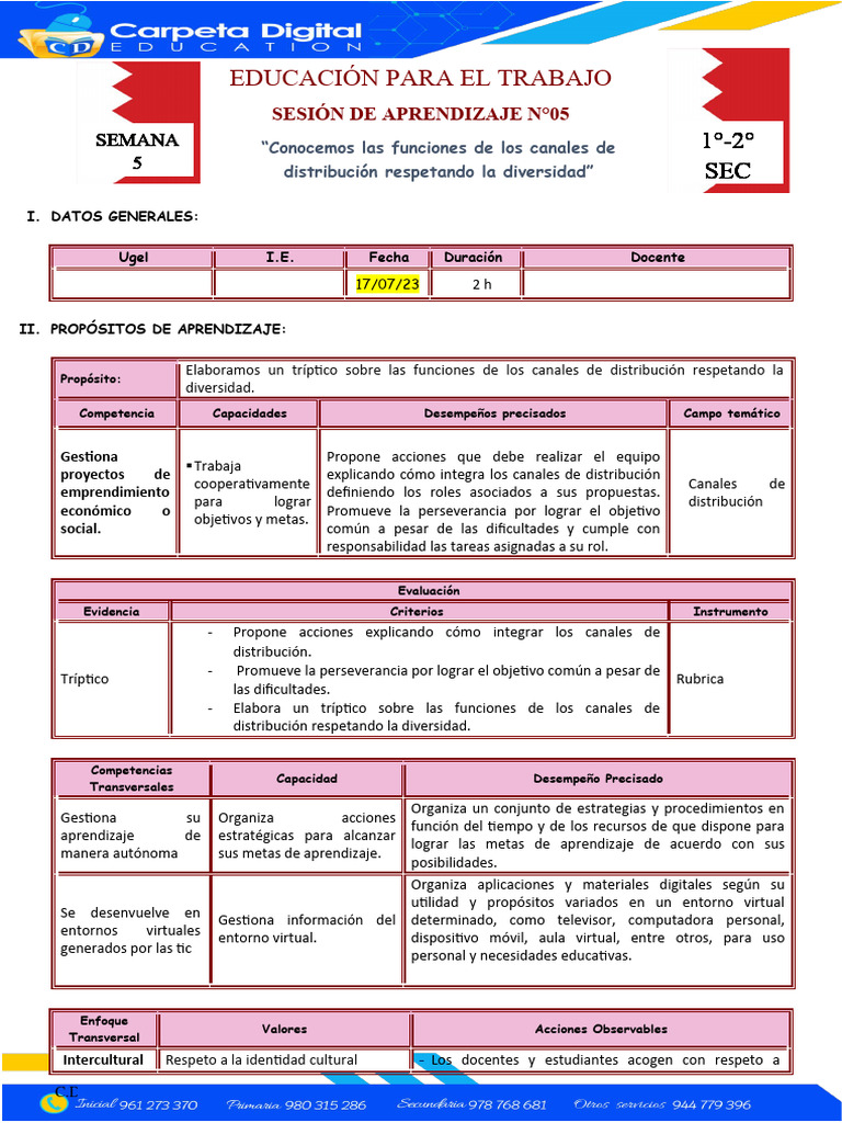 1°-2° - Sesión de Aprendizaje Sesión 5-Sem.5-Exp.4-Educacion para El Trabajo | PDF | Aprendizaje ...