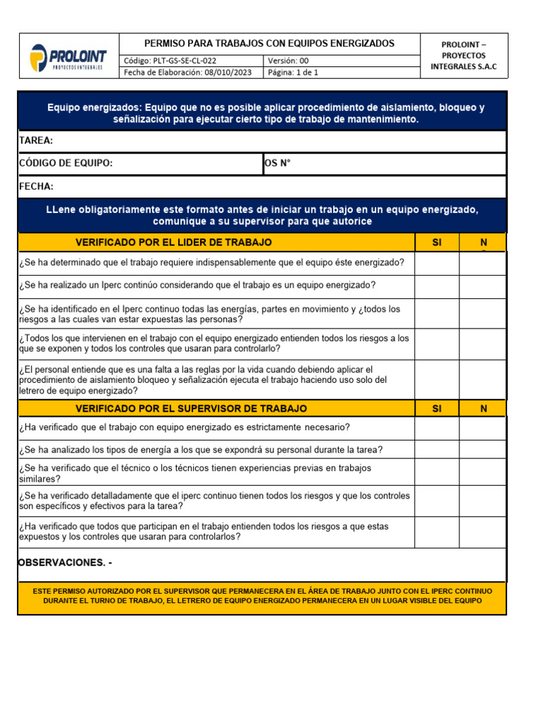 PLT-GS-SE-CL-022 Permiso para Trabajos con Equipos Energizados RV1 | PDF