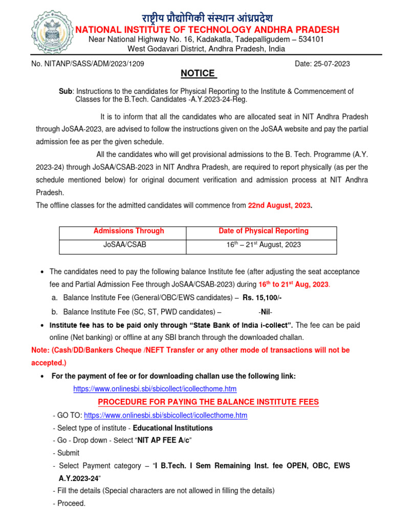 Instruction To The Candidates For Admission To The B.Tech. Program at ...