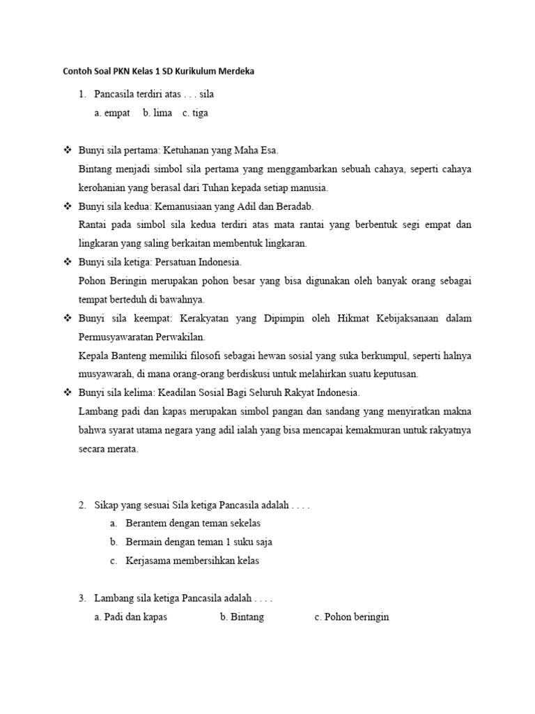 Contoh Soal PKN Kelas 1 SD Kurikulum Merdeka | PDF