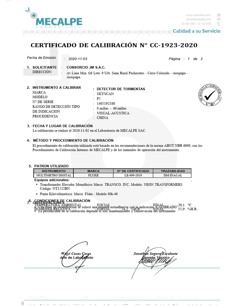 Certificado de Calibración Consorcio JM | PDF | Calibración | Metrología