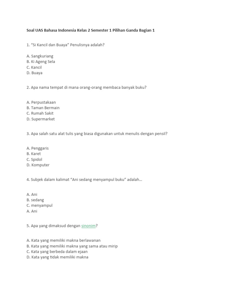Soal UAS Bahasa Indonesia Kelas 2 Semester 1 Pilihan Ganda Bagian 1 | PDF