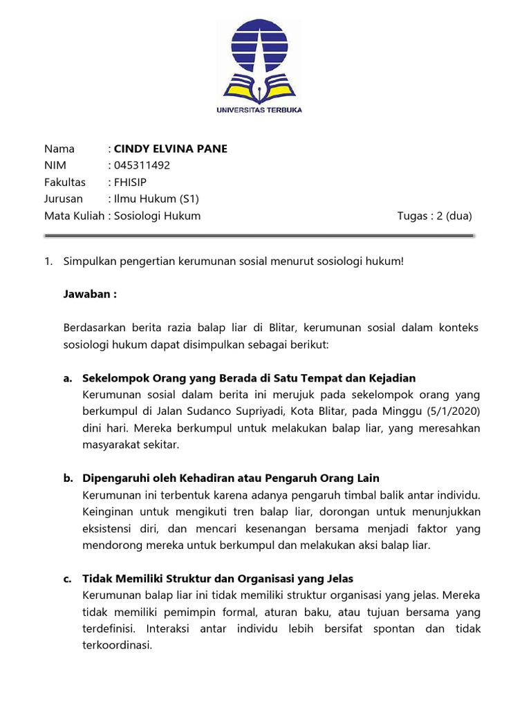 Tugas 2 Sosiologi Hukum Cindy | PDF