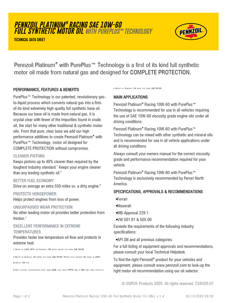 With Pureplus™ Technology: Pennzoil Platinum Racing Sae 10W-60 Full ...