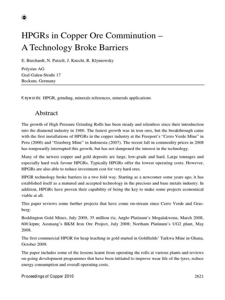 HPGRs in Copper Ore Comminution - A Technology Broke Barriers | PDF ...