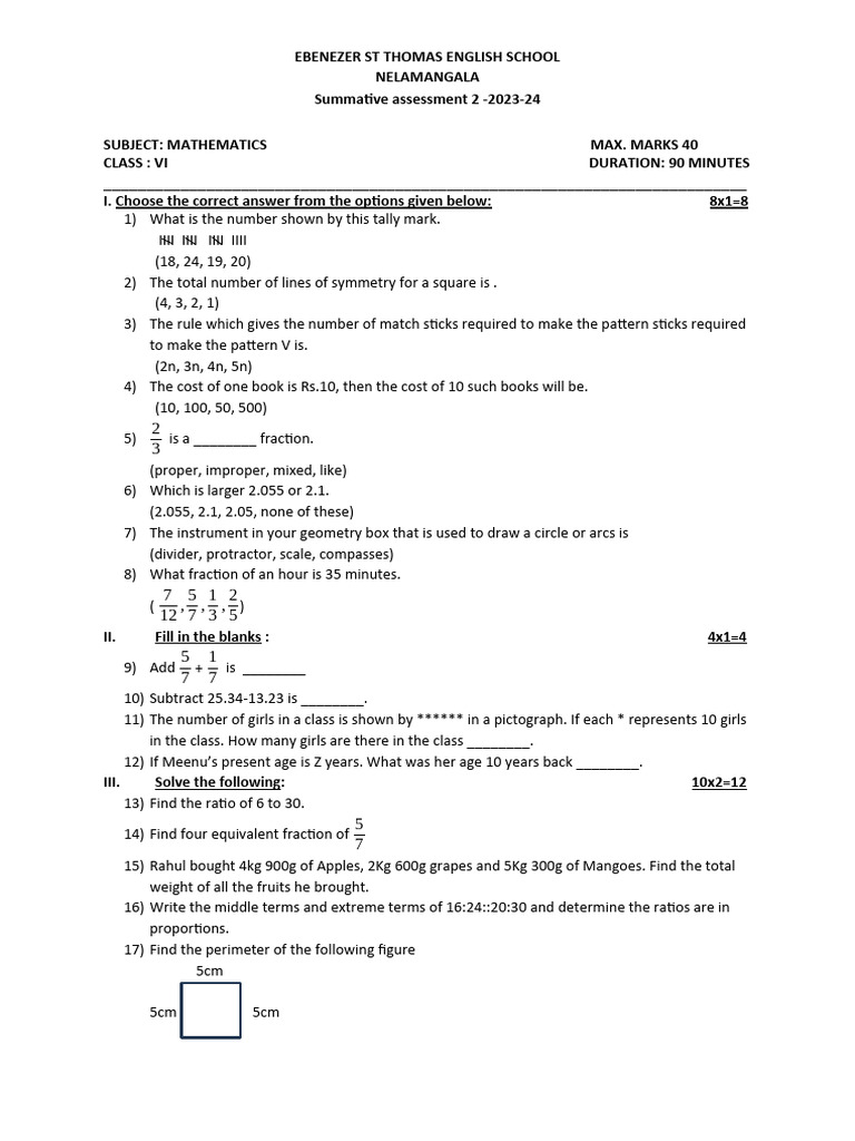 6 Math Original Question Paper | PDF | Area | Circle
