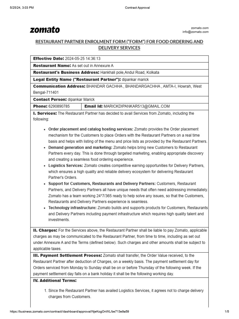 Zomato Restaurant Partner Agreement | PDF | Pricing | Prices