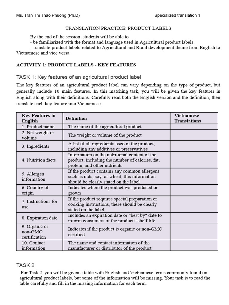 Translation Practice - Product Labels - Students 2024.Docx (1) | PDF ...