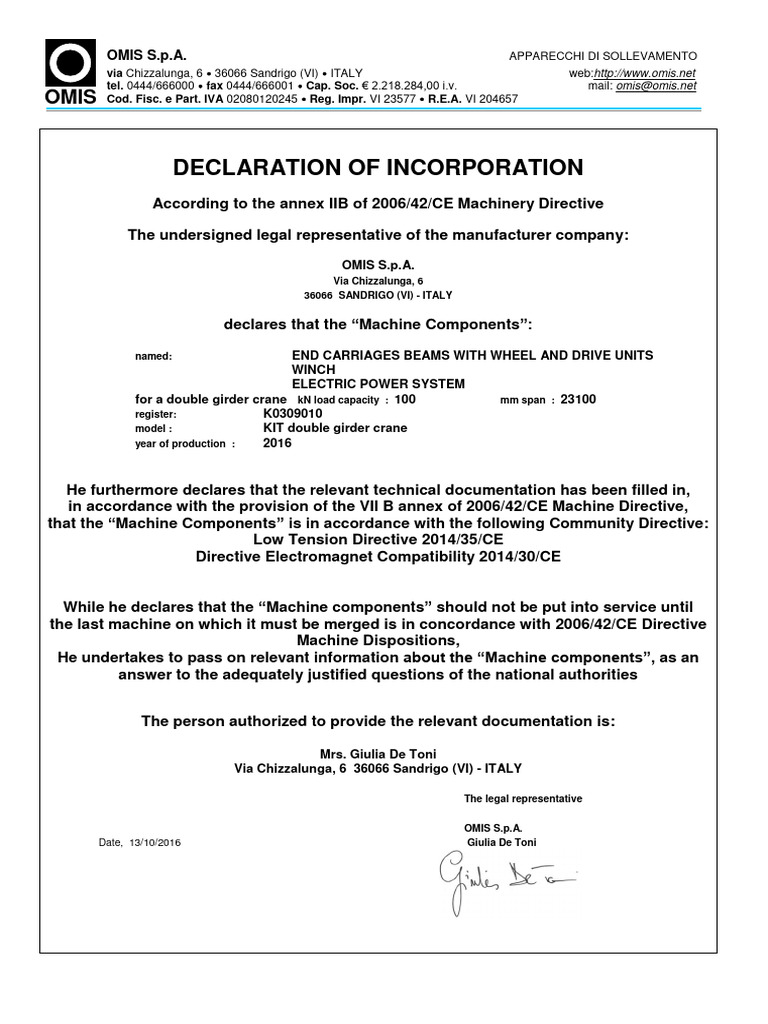 Declaration of Incorporation: OMIS S.p.A | PDF | Manufactured Goods