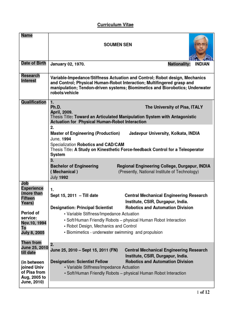 CV Soumen Sen | PDF | Robotics | Robot