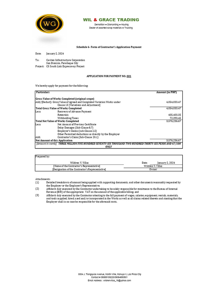 2schedule 6 - Form of Contractor's Application Payment | PDF | Employment | Business