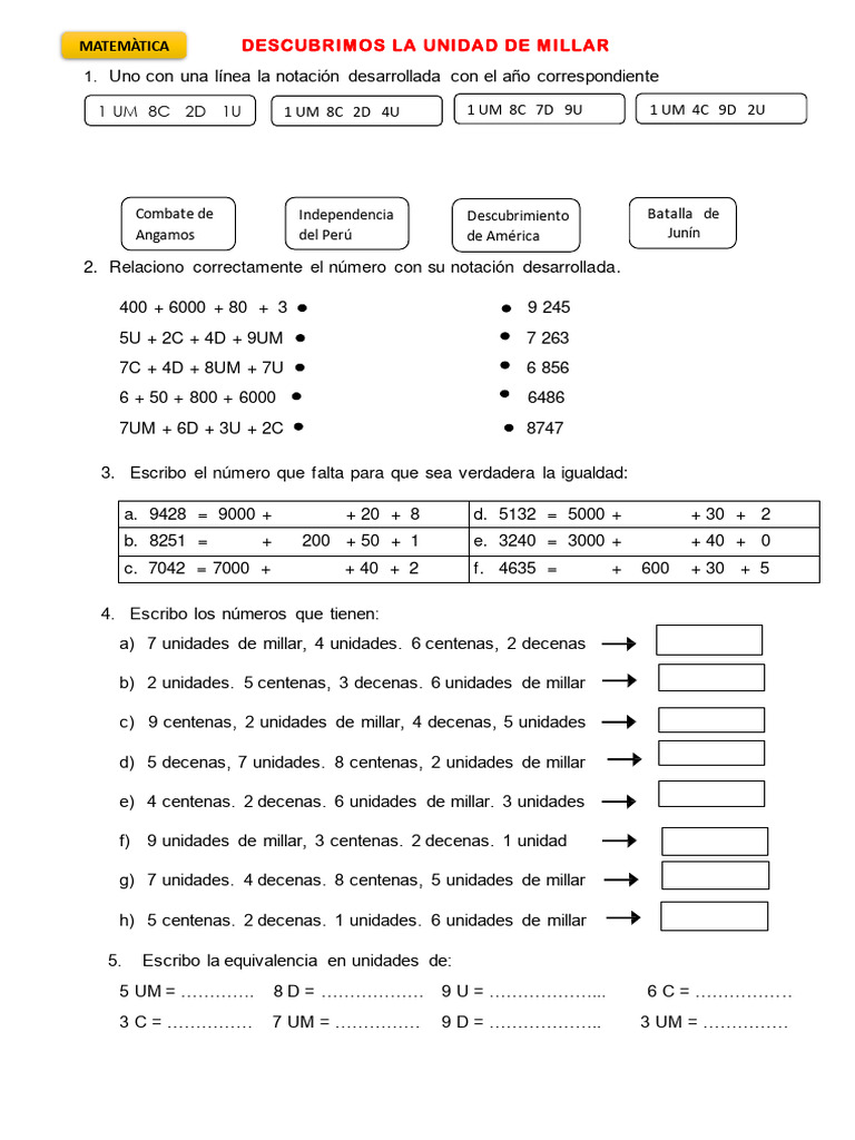 Ficha Descubrimos La Unidad de Millar | PDF