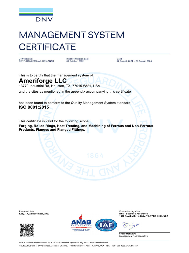 Ameriforge ISO 9001 CERT ANAB | PDF | Business Process | Quality Management