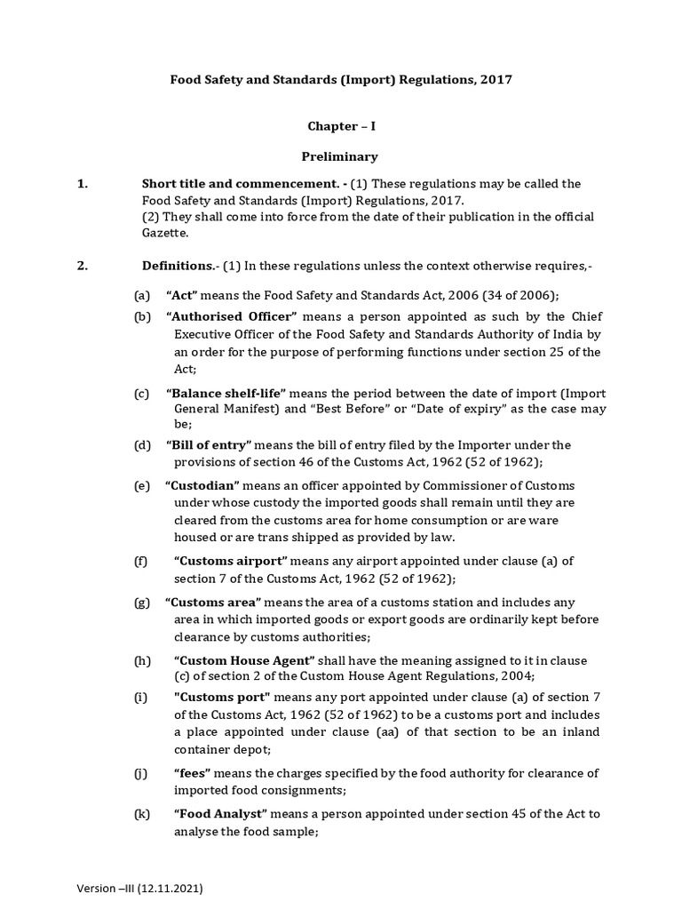 Food Safety Import Regulations 2017 | PDF | Food Safety | Customs