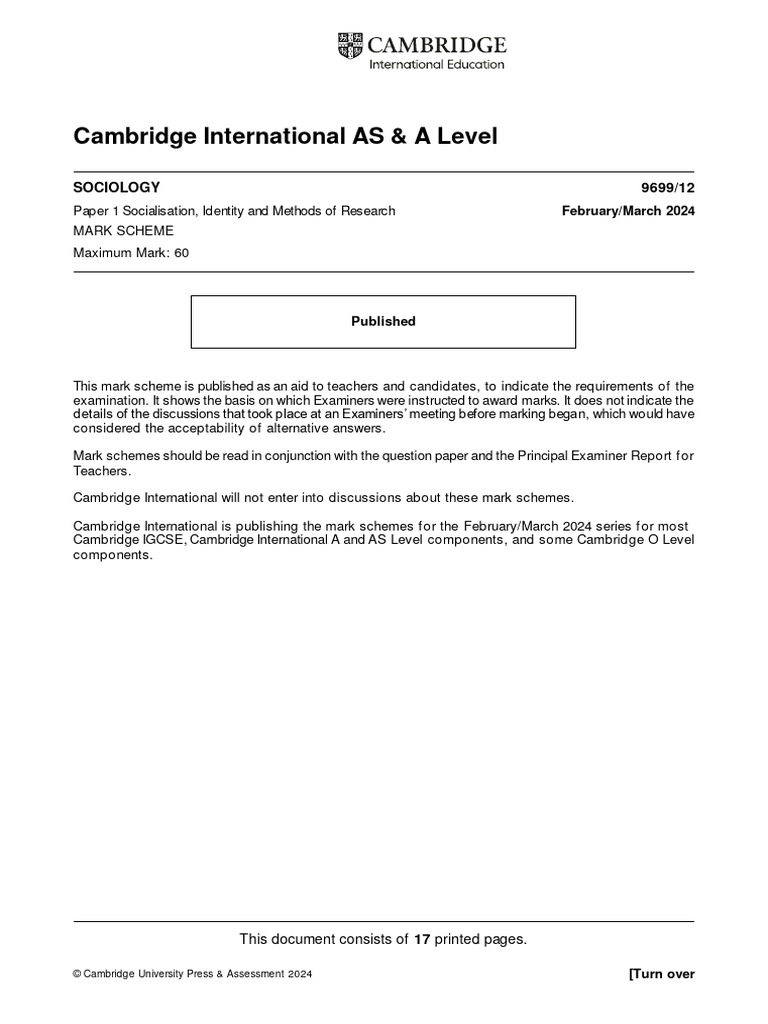 Cambridge International AS & A Level: Sociology 9699/12 | PDF ...