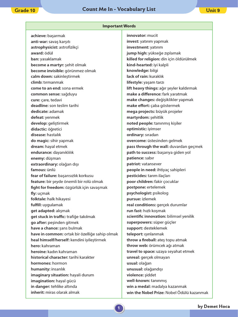 10.9 Vocabulary List | PDF