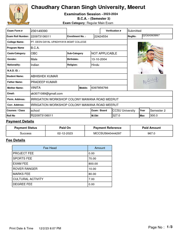 Abhishek Exam Form | PDF | Computing | Computer Engineering