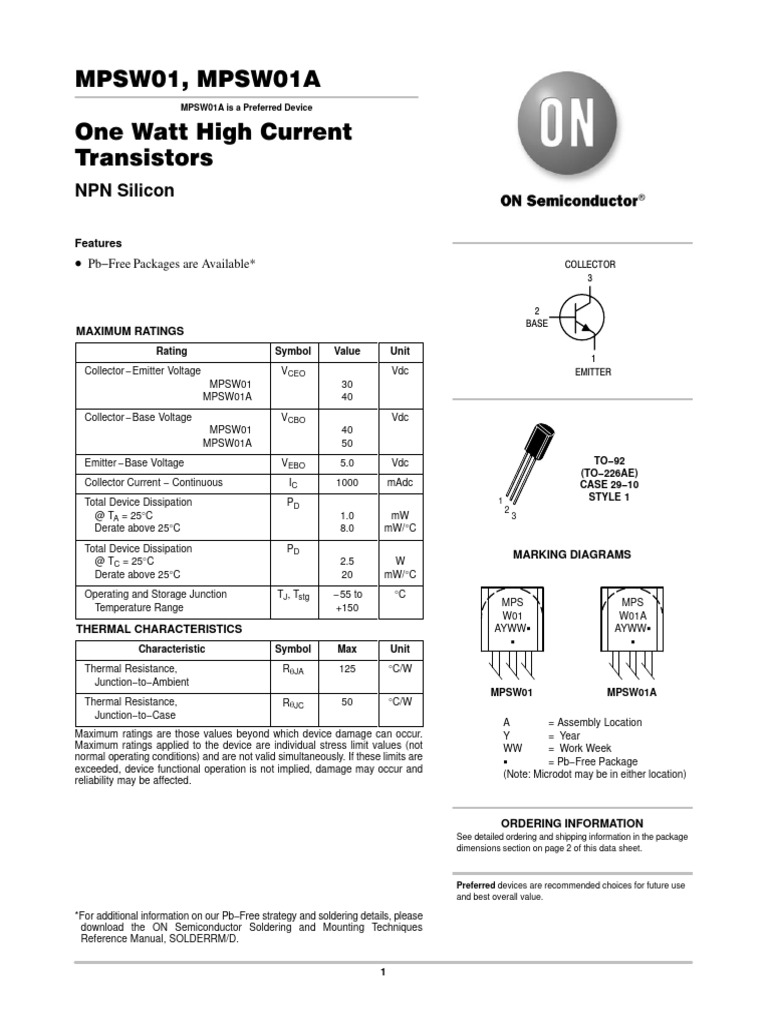 High Current NPN Transistors MPSW01/A | PDF | Bipolar Junction ...