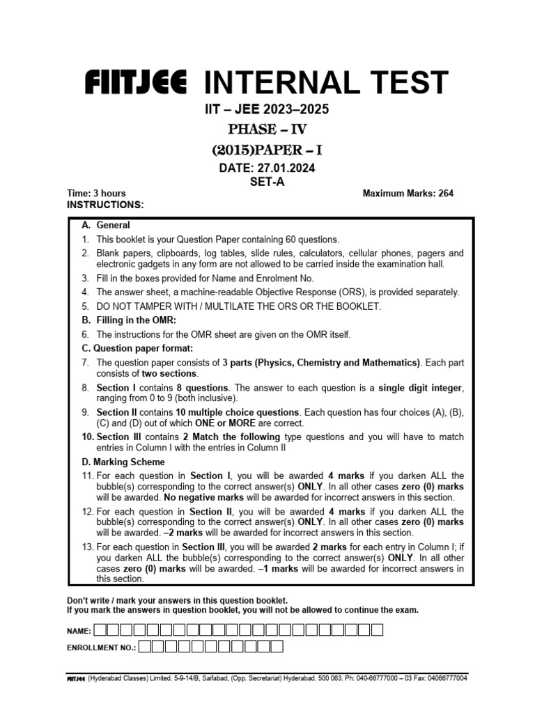 IIT JEE 2023-2025 Phase IV Test Paper | PDF | Force | Gravity