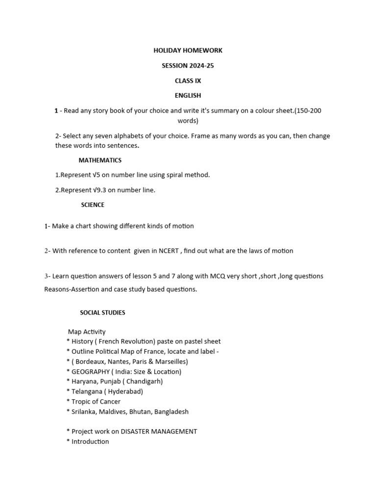 Class-IX (Holiday Homework) | PDF