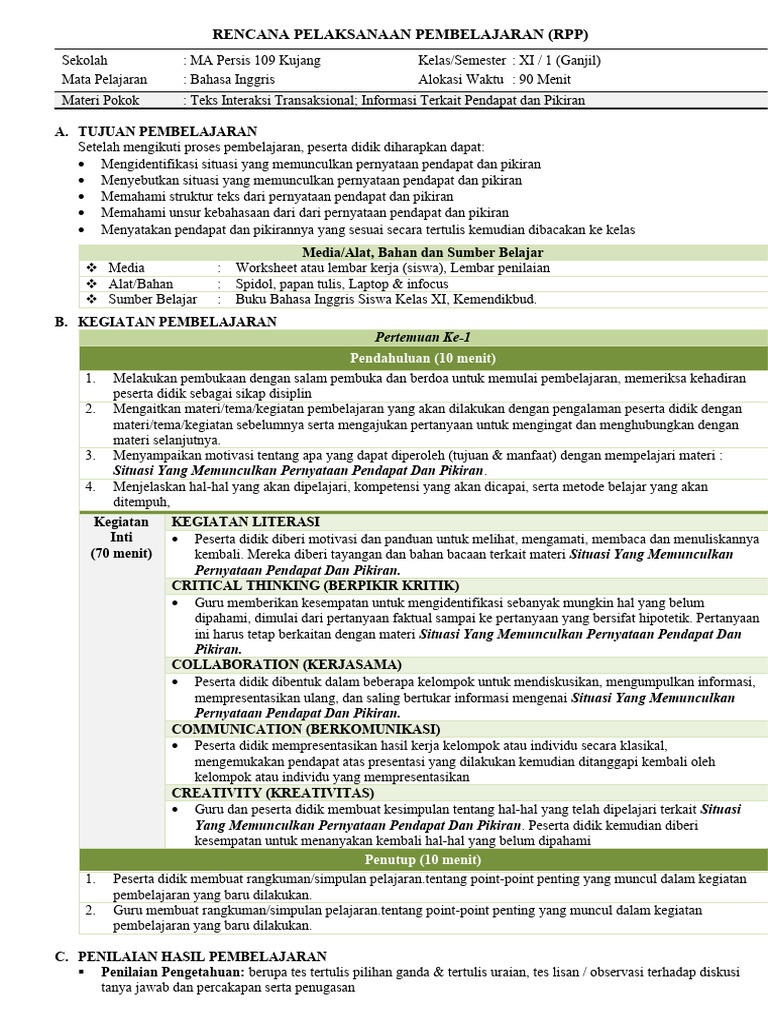 2.1 RPP I Bhs Inggris Kelas 11 | PDF