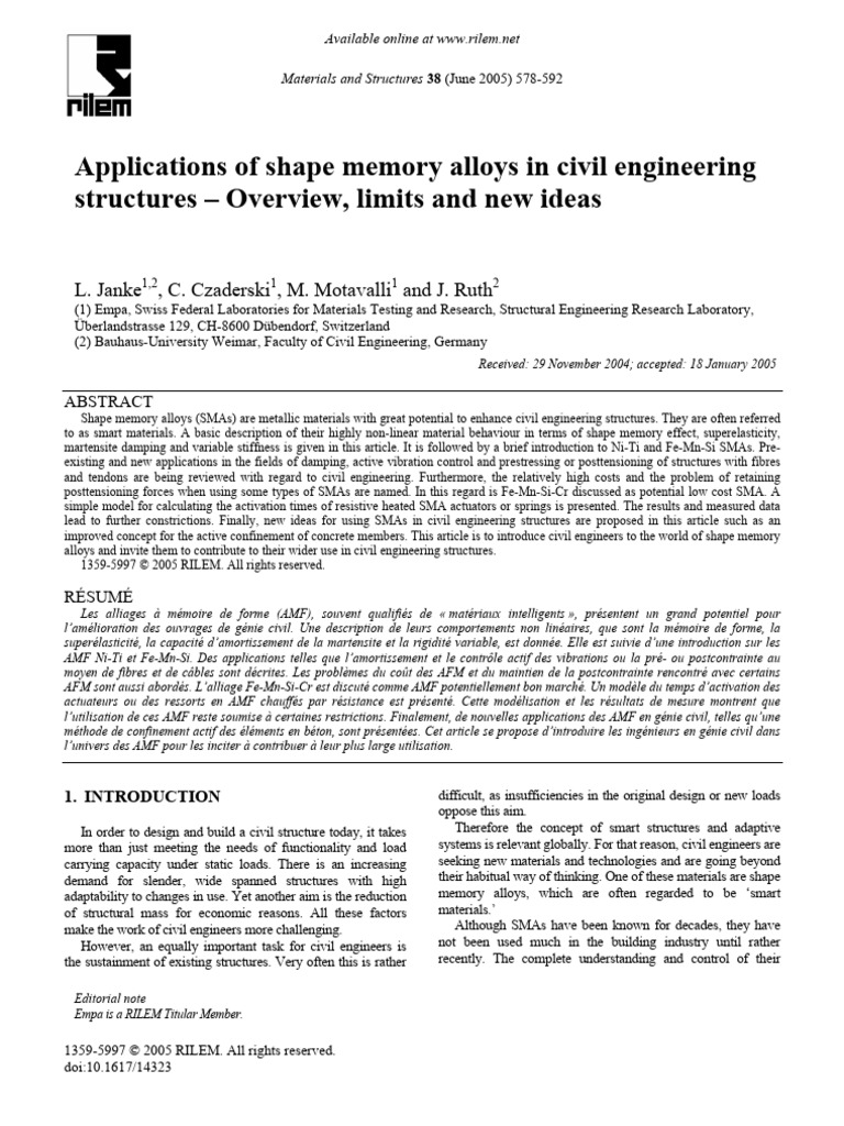 Applications of Shape Memory Alloys in Civil Engineering Structures | Download Free PDF | Shape ...