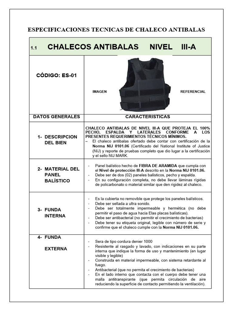 Especificaciones Tecnicas Chalecos Antibala Par Pucusana | PDF | Póliza de seguros | Seguro